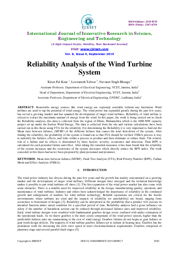 (PDF) Reliability Analysis of the Wind Turbine System (PDF) Reliability Analysis of the Wind Turbine System
