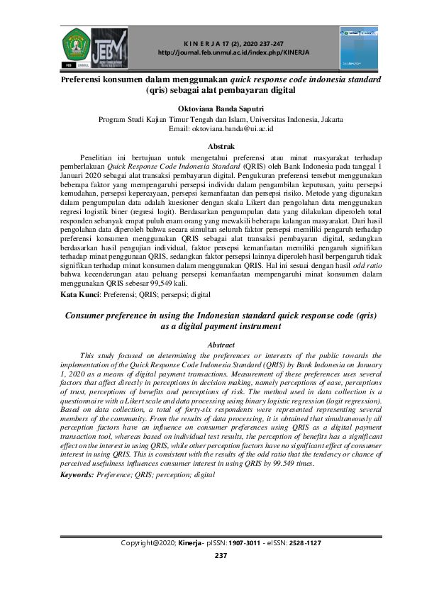(PDF) Preferensi konsumen dalam menggunakan quick response code indonesia standard (qris ...