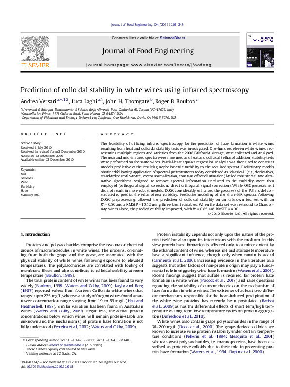 (PDF) Prediction of colloidal stability in white wines using infrared spectroscopy