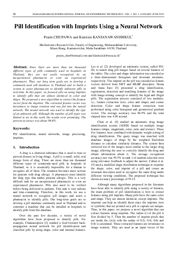 (PDF) Pill Identification with Imprints Using a Neural Network