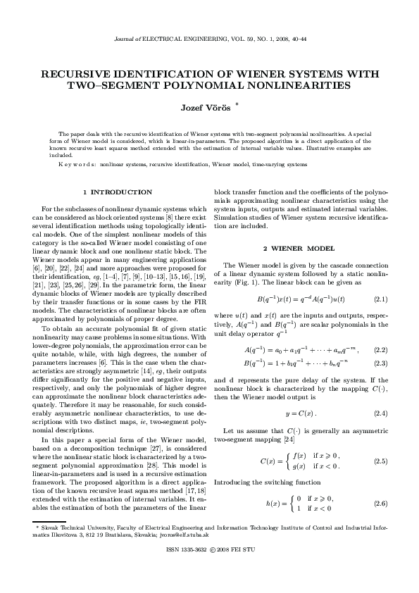 Pdf Recursive Identification Of Wiener Systems With Two Segment Polynomial Nonlinearities