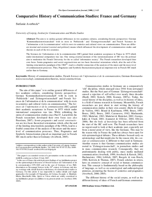 (PDF) Comparative History of Communication Studies: France and Germany