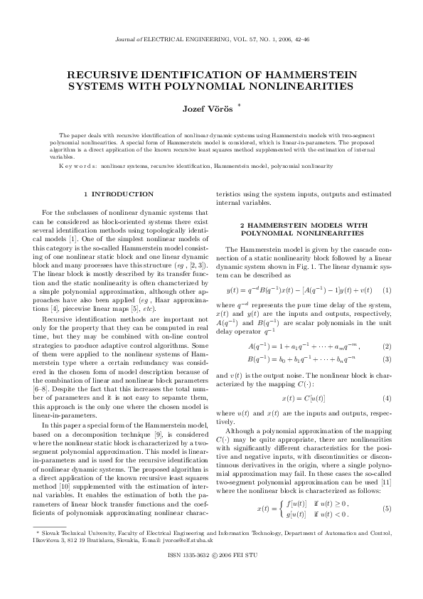 (PDF) Recursive Identification of Hammerstein Systems with Polynomial Nonlinearities
