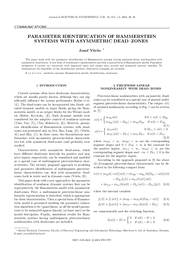 (PDF) Parameter Identification of Hammerstein Systems with Asymmetric Dead{Zones