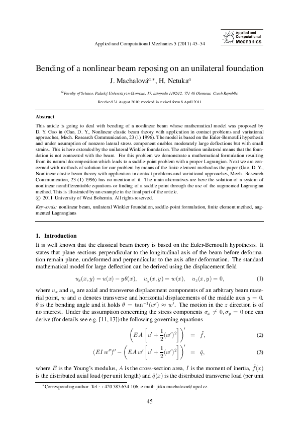 (PDF) Bending of a nonlinear beam reposing on an unilateral foundation | Jitka Machalová ...