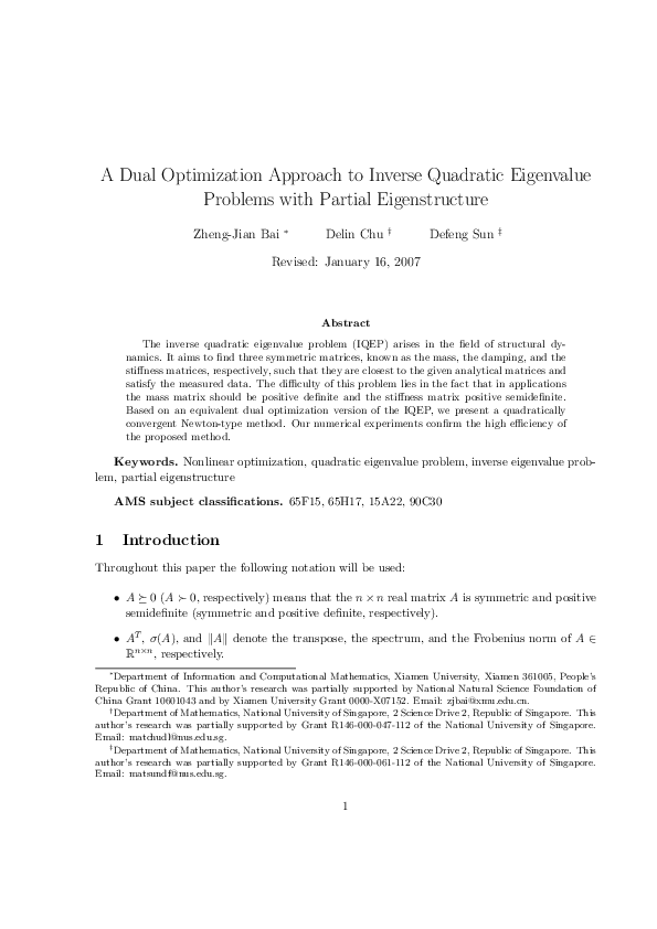 Pdf A Dual Optimization Approach To Inverse Quadratic Eigenvalue