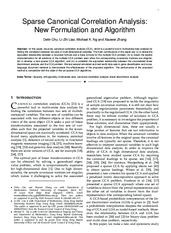 Pdf Sparse Canonical Correlation Analysis New Formulation And Algorithm
