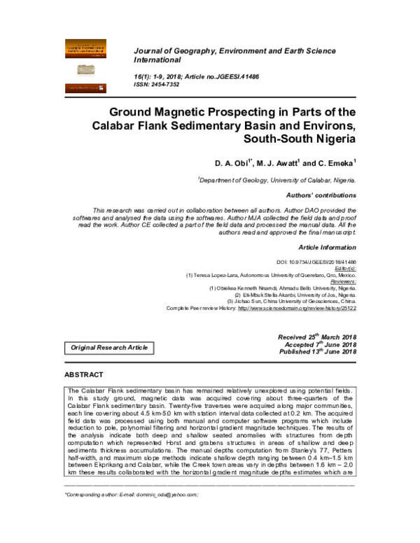 (PDF) Ground Magnetic Prospecting in Parts of the Calabar Flank ...