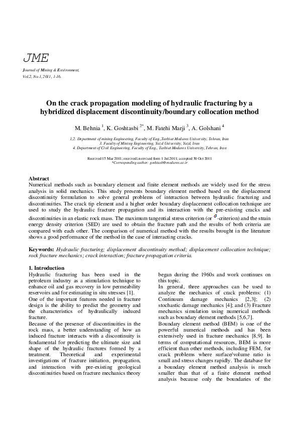 Pdf On The Crack Propagation Modeling Of Hydraulic Fracturing By A Hybridized Displacement
