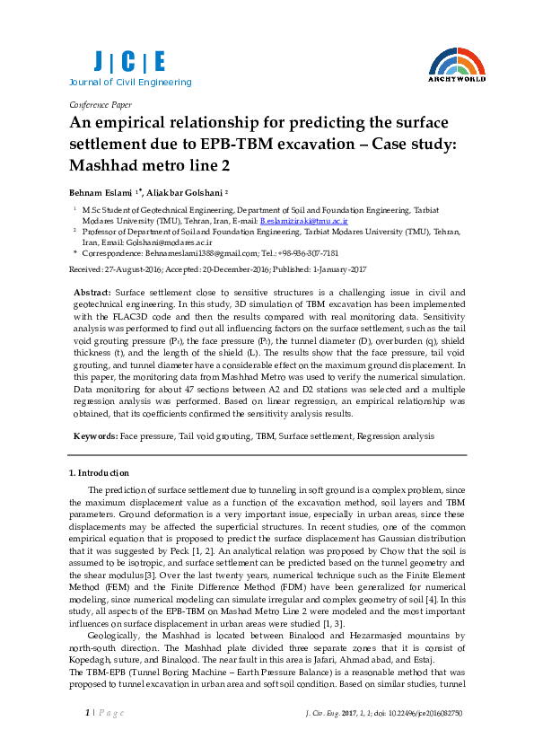 (PDF) An empirical relationship for predicting the surface settlement due to EPB-TBM excavation ...