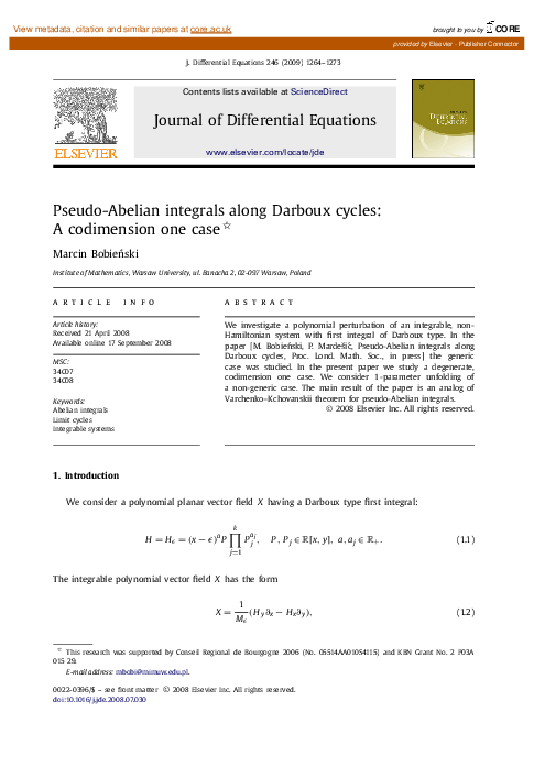 Pdf Pseudo Abelian Integrals Along Darboux Cycles A Codimension One Case Pavao Mardesic