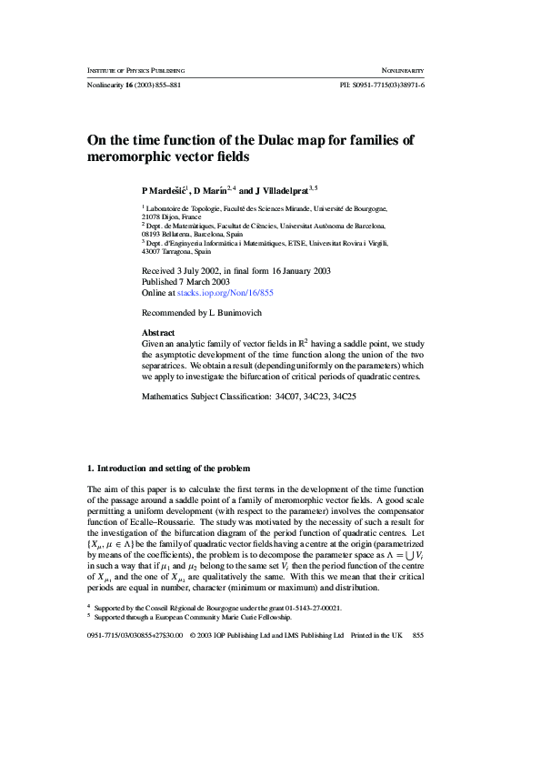 (PDF) On the time function of the Dulac map for families of meromorphic ...