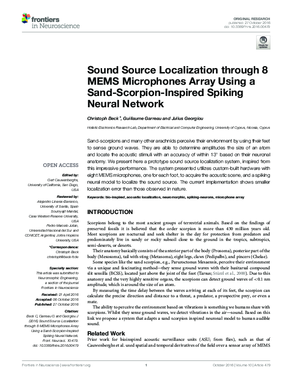 Pdf Sound Source Localization Through 8 Mems Microphones Array Using A Sand Scorpion Inspired