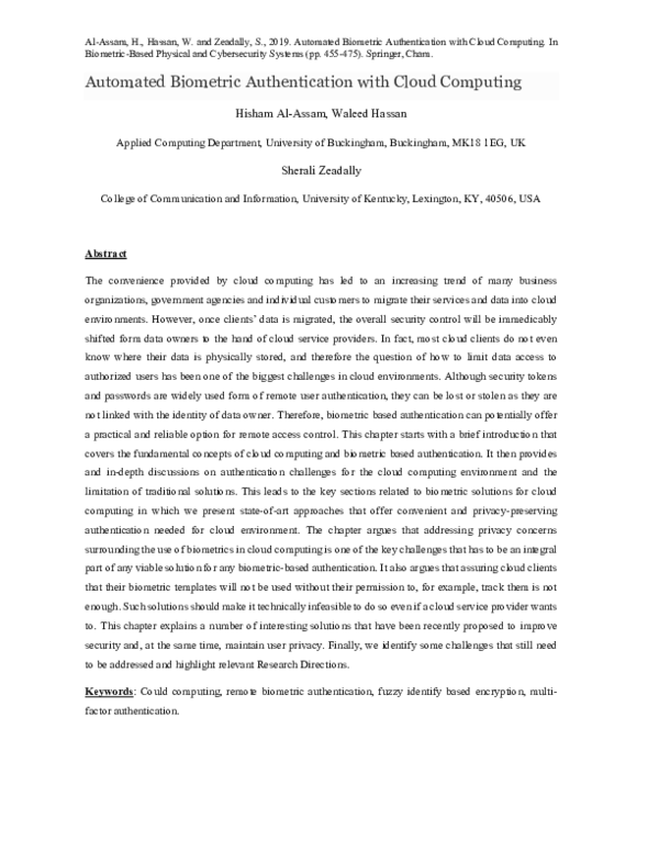 (PDF) Automated Biometric Authentication with Cloud Computing