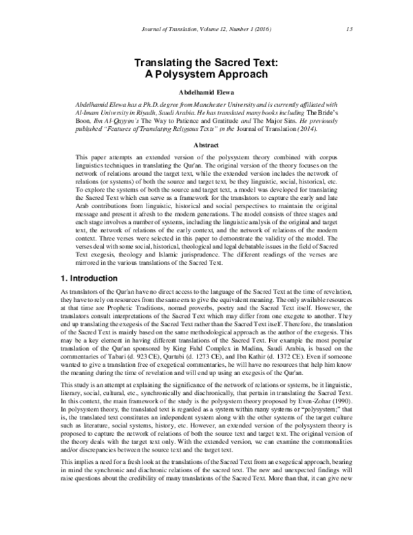 (PDF) Translating the Sacred Text: A Polysystem Approach