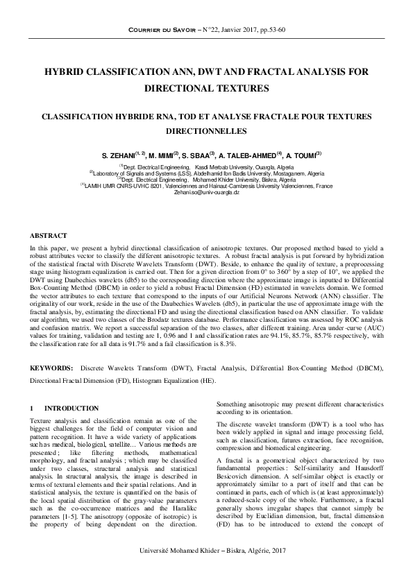 (PDF) Hybrid Classification Ann, Dwt and Fractal Analysis for Directional Textures