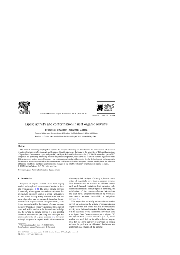 (PDF) Lipase activity and conformation in neat organic solvents ...