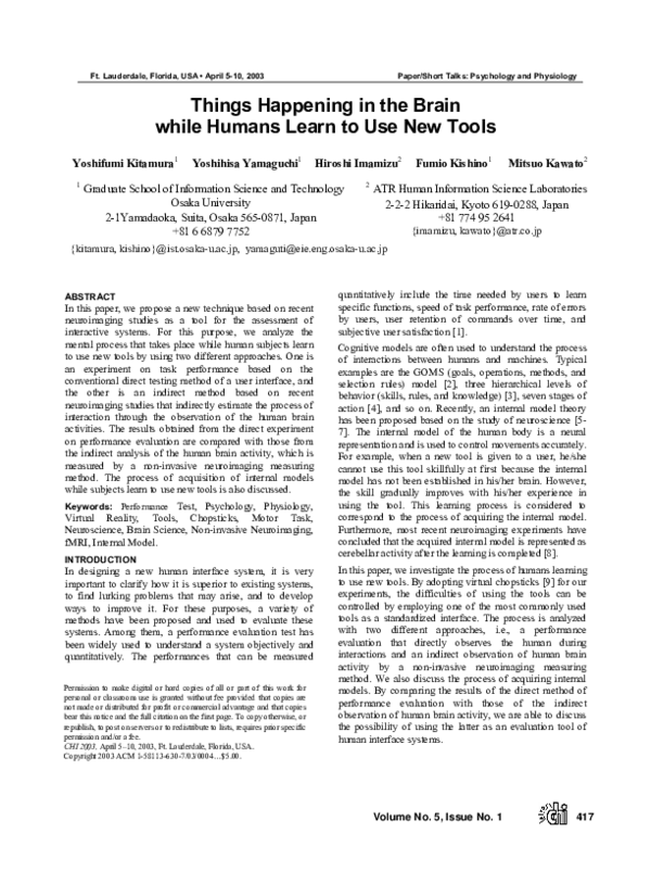 (PDF) Things happening in the brain while humans learn to use new tools