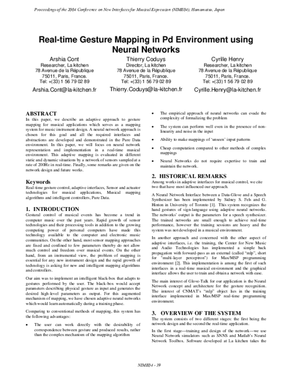 (PDF) Real-time Gesture Mapping in Pd Environment using Neural Networks