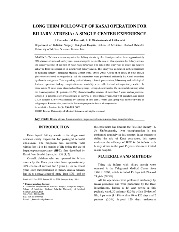 (PDF) Long Term Follow-Up of Kasai Operation for Biliary Atresia: A ...
