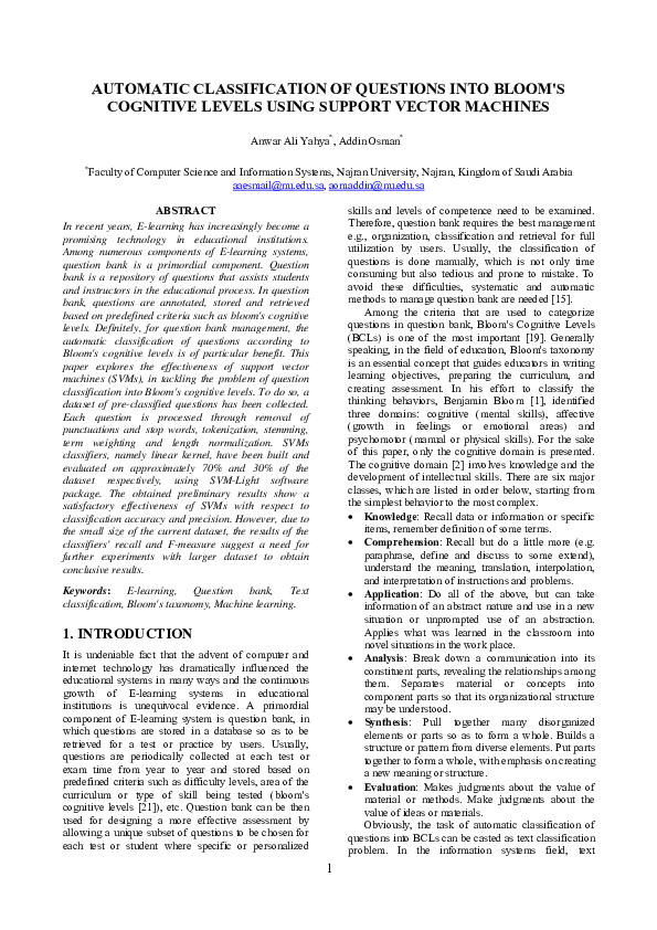 (PDF) Automatic Classification of Questions Into Bloom's Cognitive Levels Using Support Vector ...