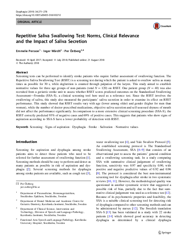 (PDF) Repetitive Saliva Swallowing Test: Norms, Clinical Relevance and ...