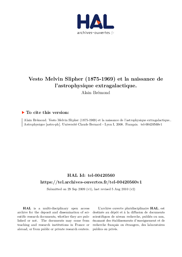 (PDF) Vesto Melvin Slipher (1875-1969) et la naissance de l ...
