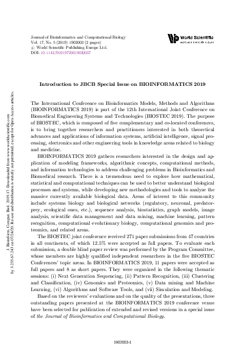(PDF) Introduction to JBCB Special Issue on BIOINFORMATICS 2019