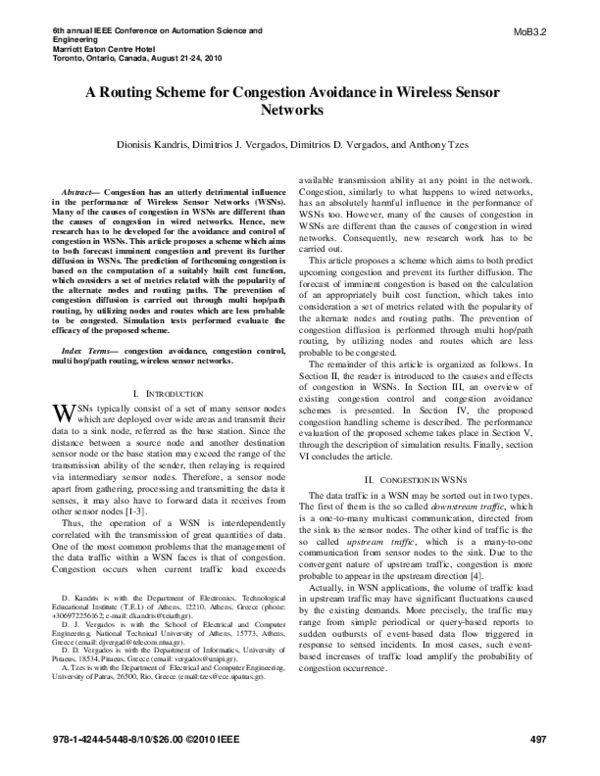 (PDF) A Routing Scheme for Congestion Avoidance in Wireless Sensor Networks