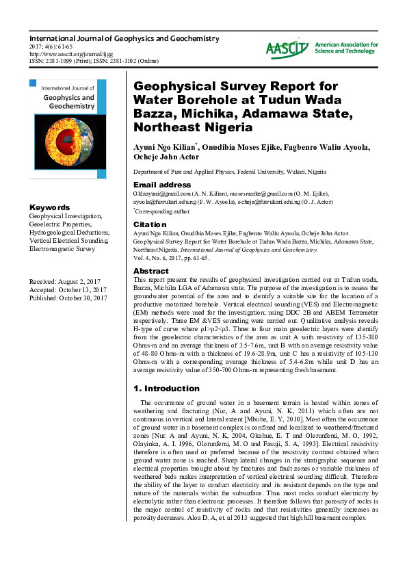 (PDF) Geophysical Survey Report for Water Borehole at Tudun Wada Bazza ...