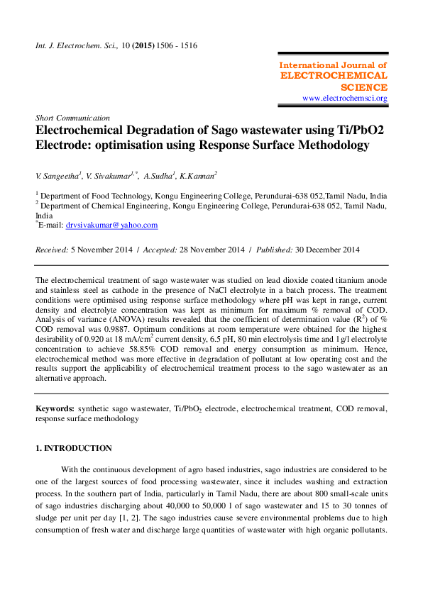 (PDF) Electrochemical Degradation of Sago wastewater using Ti/PbO2 ...