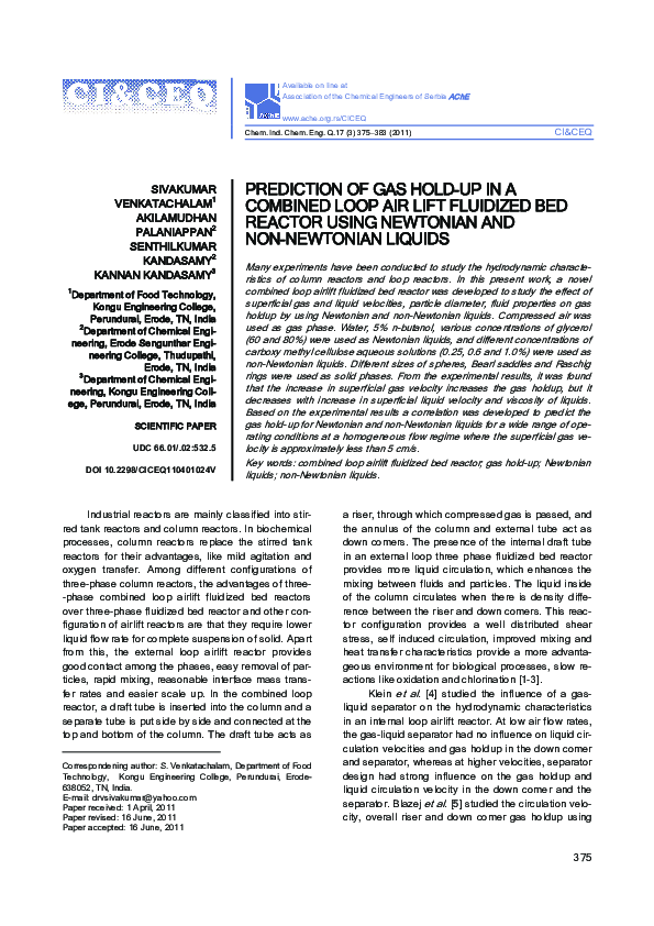 (PDF) Prediction of gas holdup in a combined loop air lift fluidized bed reactor using Newtonian ...