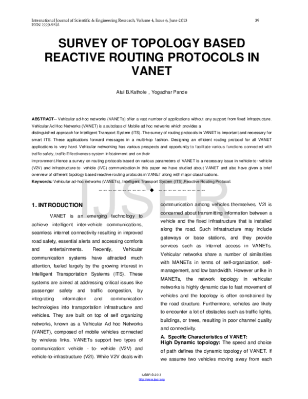 (PDF) Survey of Topology Based Reactive Routing Protocols in Vanet