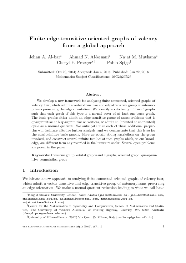 (PDF) Finite edge-transitive oriented graphs of valency four: a global approach