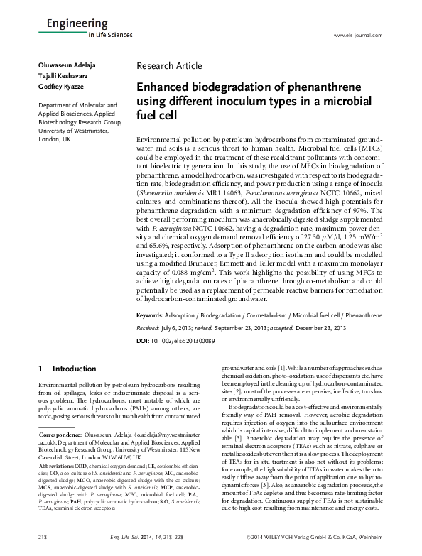 (PDF) Enhanced biodegradation of phenanthrene using different inoculum types in a microbial fuel ...
