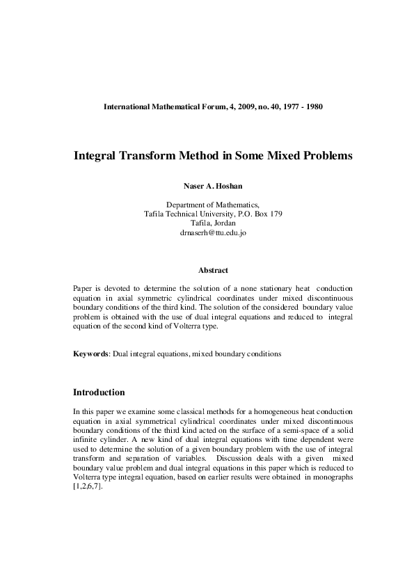 (PDF) Integral Transform Method in Some Mixed Problems