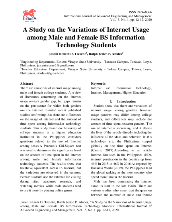 (PDF) A Study on the Variations of Internet Usage among Male and Female ...