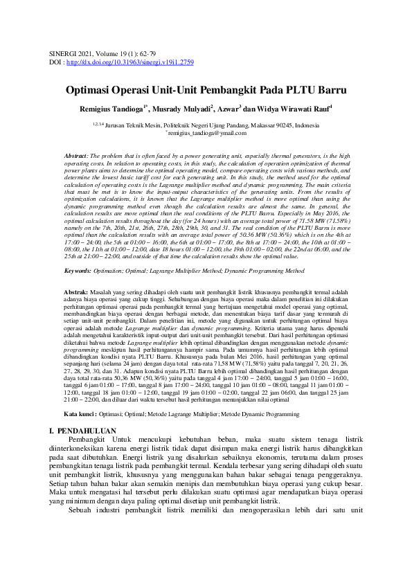 (PDF) Optimasi Operasi Unit-Unit Pembangkit Pada PLTU Barru