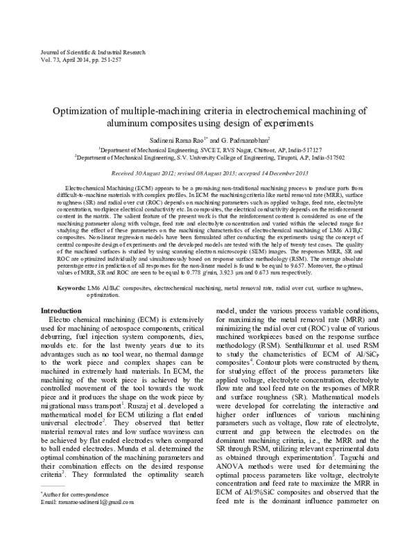 (PDF) Optimization of multiple-machining criteria in electrochemical machining of aluminum ...