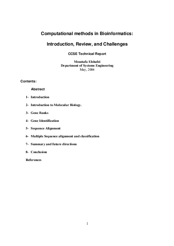 (PDF) Computational methods in Bioinformatics: Introduction, Review, and Challenges