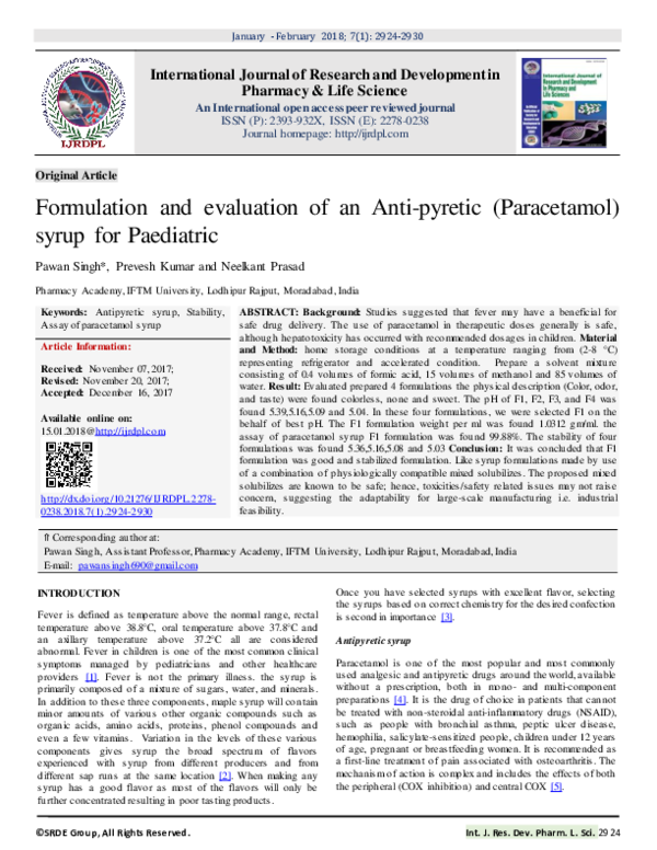 (PDF) Formulation and evaluation of an Anti-pyretic (Paracetamol) syrup ...