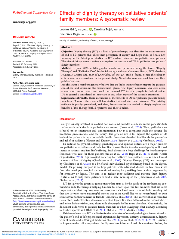 (PDF) Effects of dignity therapy on palliative patients’ family members ...