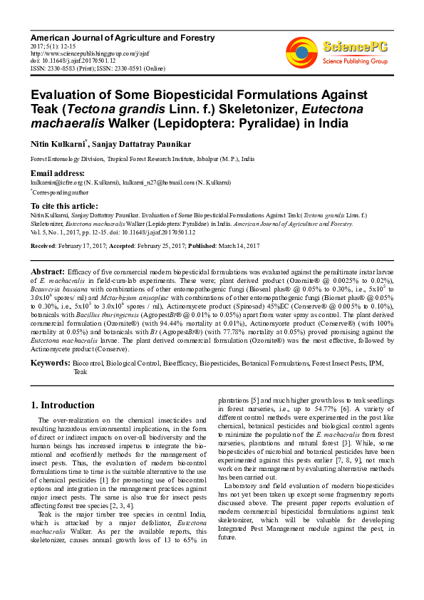 (PDF) Evaluation of Some Biopesticidal Formulations Against Teak ( Tectona grandis Linn. f ...