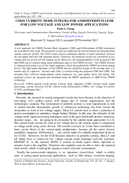 Pdf Cmos Current Mode Integrator Anddifferentiator For Low Voltage And Low Power Applications