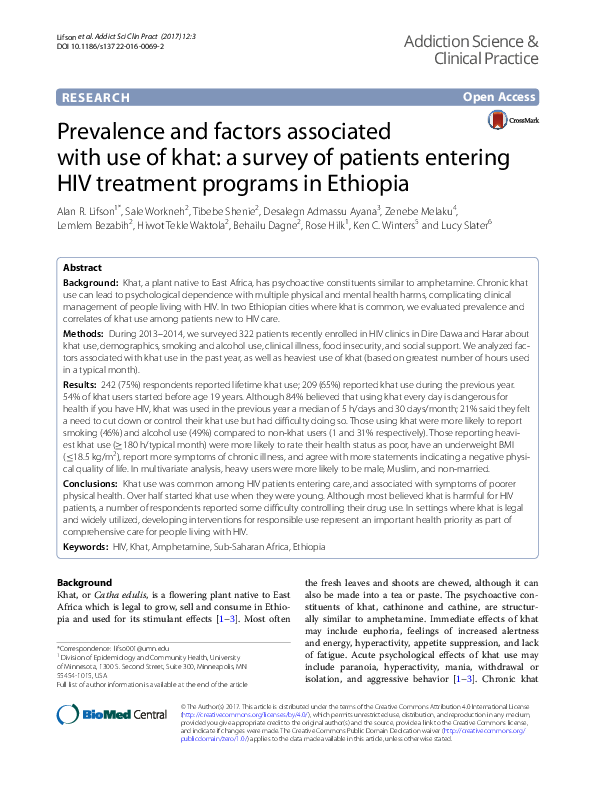 (PDF) Prevalence and factors associated with use of khat: a survey of ...