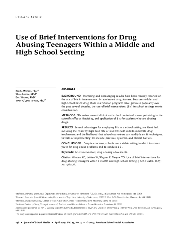 (PDF) Use of Brief Interventions for Drug Abusing Teenagers Within a ...