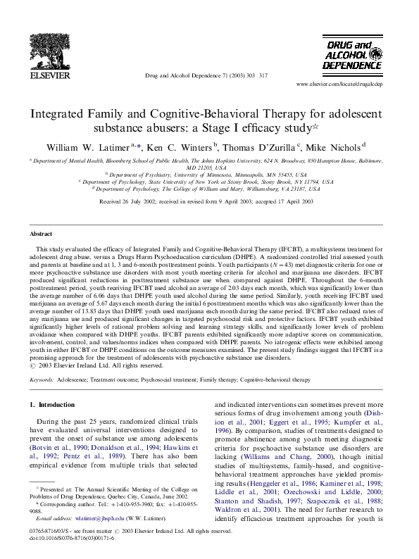 (PDF) Integrated Family and Cognitive-Behavioral Therapy for adolescent ...
