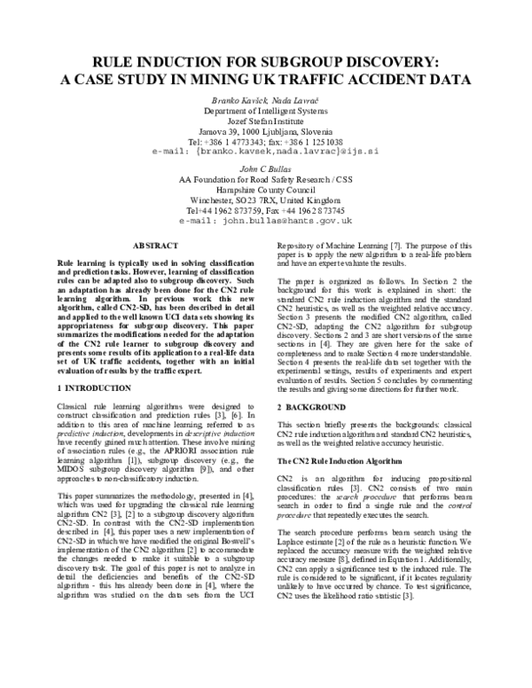 (PDF) Rule induction for subgroup discovery: A case study in mining UK traffic accident data ...