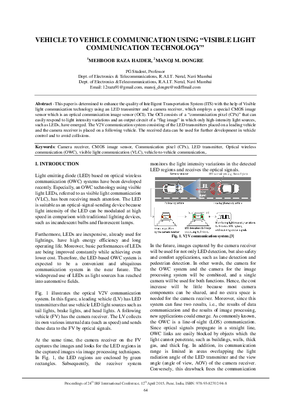 (PDF) Vehicle to Vehicle Communication Using “ Visible Light ...