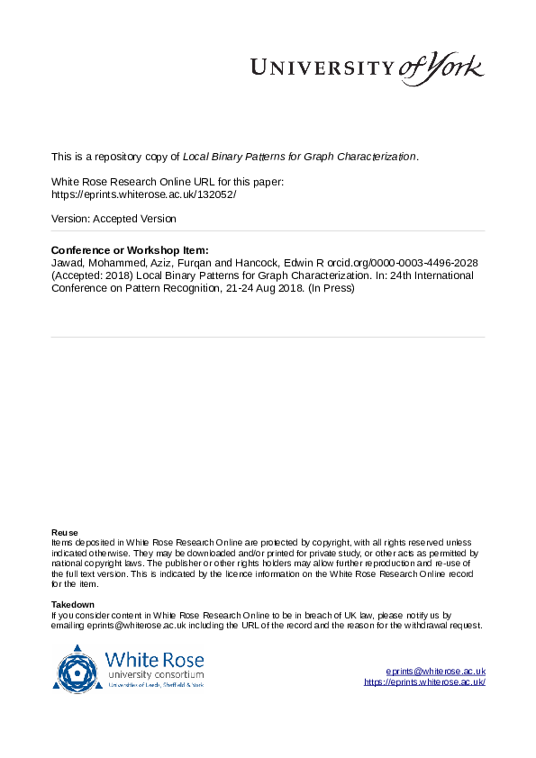 Pdf Local Binary Patterns For Graph Characterization